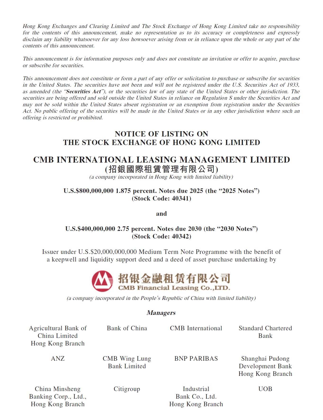 Notice of Listing on the Stock Exchange of Hong Kong Limited Two Medium ...